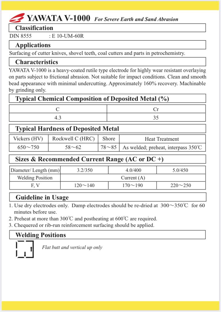 YAWATA HARDFACING WELDING ELECTRODE V-1000